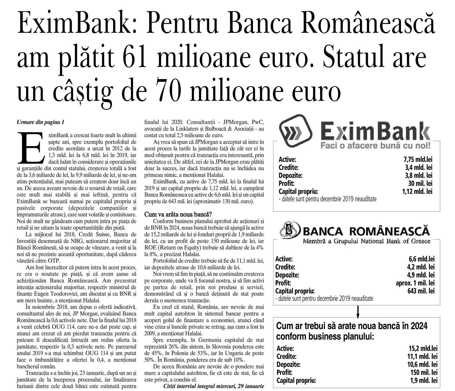 EximBank: Pentru Banca Romaneasca am platit 61 milioane euro, iar ...