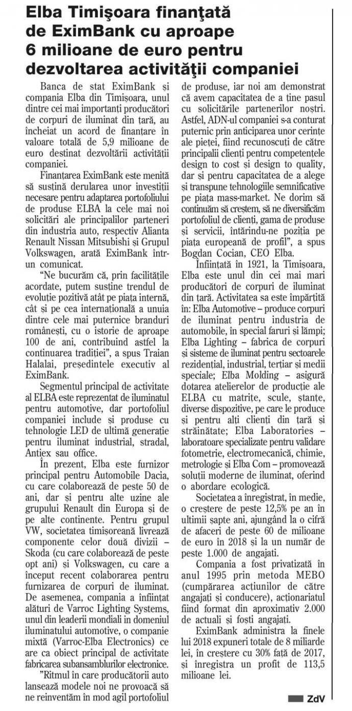 Elba Timisoara, finantata de EximBank cu aproape 6 milioane de euro ...